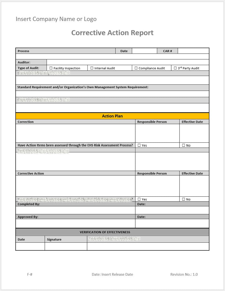 Corrective Action Report Example Of Documentation Template For Process